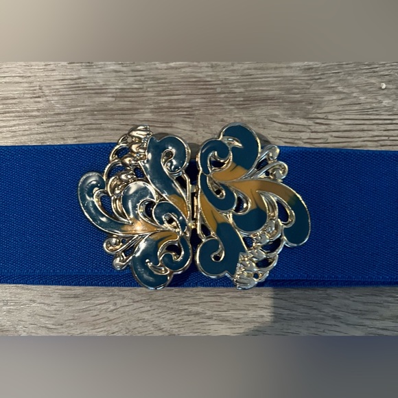 Accessories | Vintage Blue Stretchy Wide Belt Motion East Gold Vintage ...